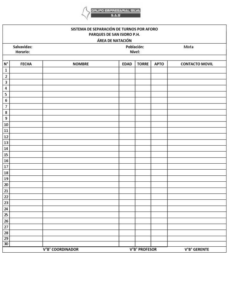 Planilla Area Natacion San Isidro P.H. | PDF
