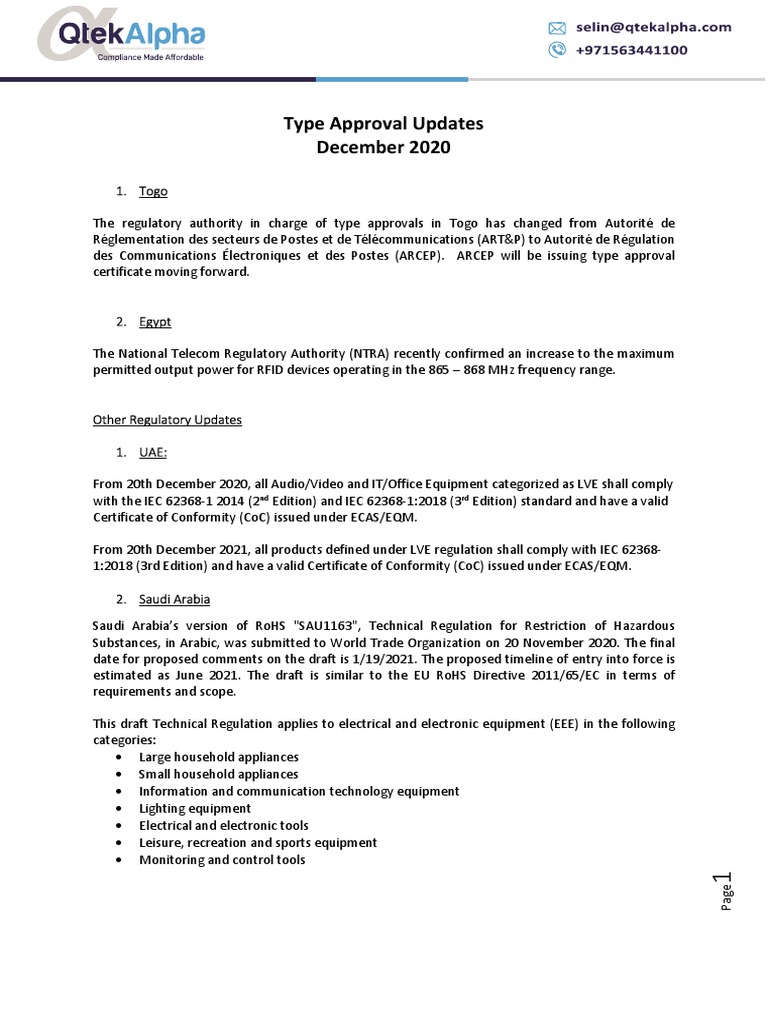 Type Approval and Regulatory Updates 2020 | PDF | Regulation