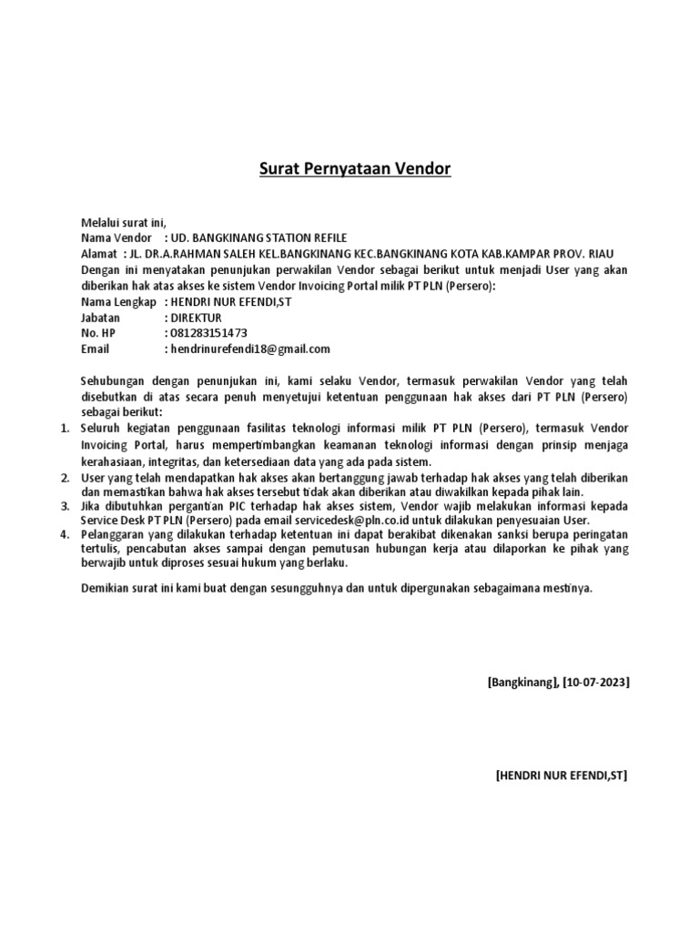 Surat Pernyataan Vendor HENDRI | PDF