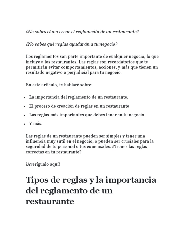 El Reglamento de Un Restaurante | PDF | Alimentos | Cocina