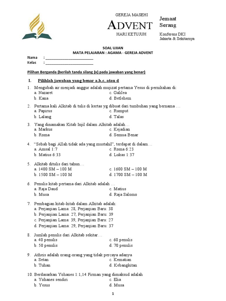 Ujian Agama Advent Shevano - Semester 1 | PDF