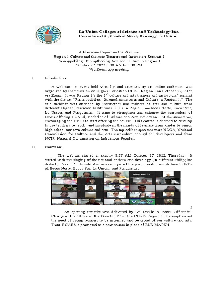 Narrative Report on Arts Webinar | PDF | Learning