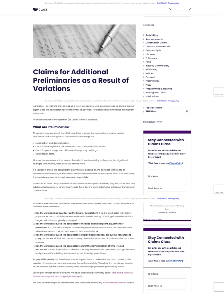 Claims For Additional Preliminaries As A Result of Variations - Claims ...
