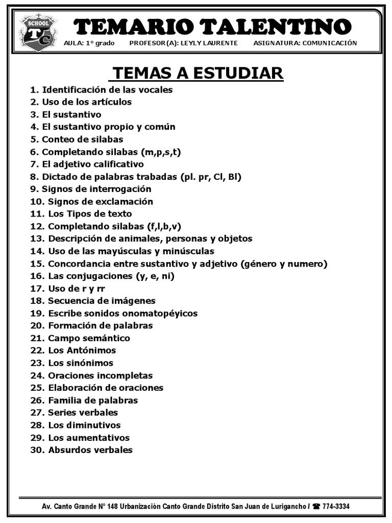 Temario y Balotario 1 Grado | PDF | Lingüística