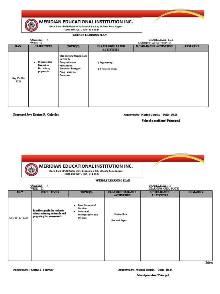 Weekly Learning Plan Week 33 - Examination | PDF