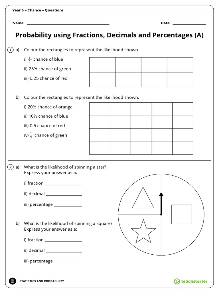 Chance Worksheets Year 6 Year Level Displayed - 57554 | PDF | Percentage | Probability