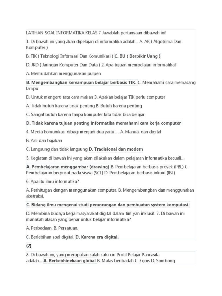 LATIHAN SOAL INFORMATIKA KELAS 7 Jawablah Pertanyaan Dibawah Ini | PDF