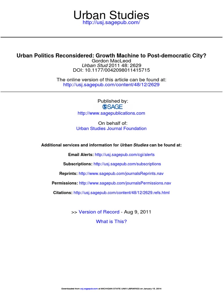 Urban Politics Reconsidered Growth Machine To Post-Democratic City MACLEOD 2011 | PDF ...