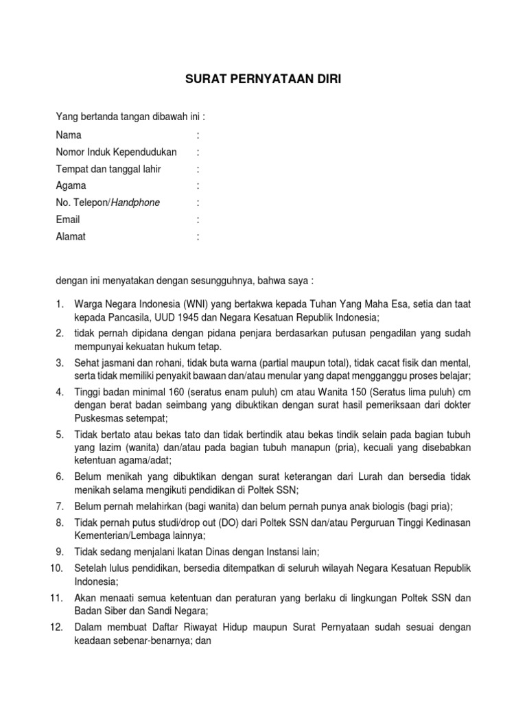Surat Pernyataan Diri - Penerimaan Taruna PSSN 2023 | PDF | Hukum