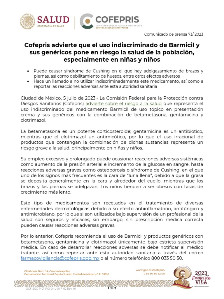 Cofepris Comunicado, 05jul23 | PDF | Medicamentos con receta | Causas de la muerte