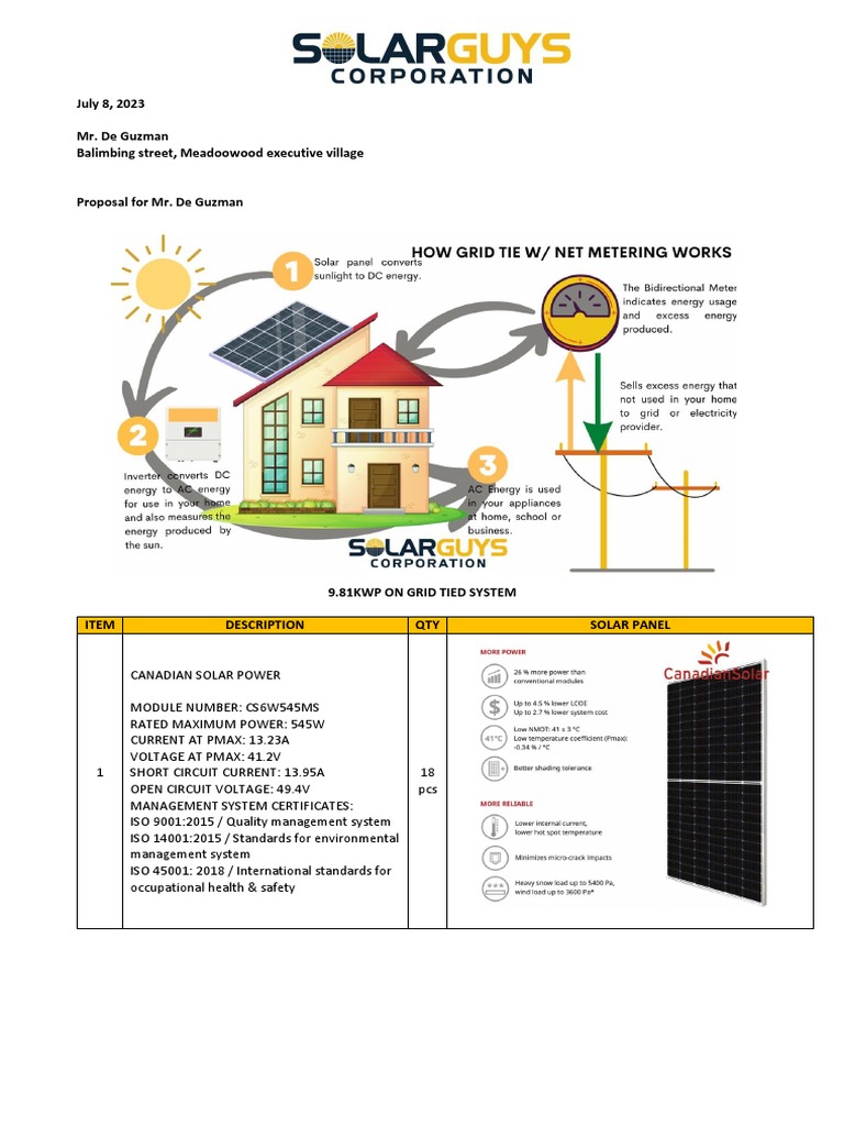 10Kw Proposal For de Guzman Residence | PDF | Solar Power | Solar Panel