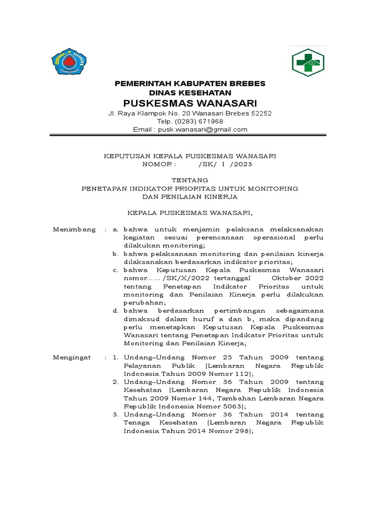 Indikator Kinerja Puskesmas Wanasari 2023 | PDF