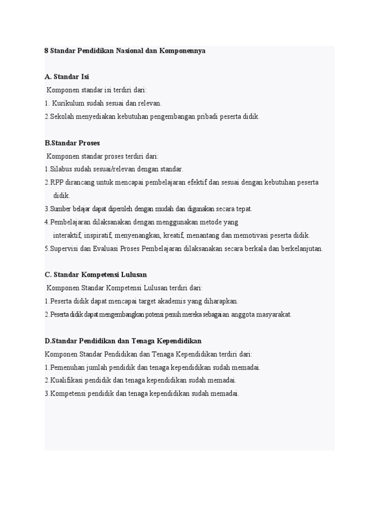 Delapan Standar Pendidikan Nasional | PDF