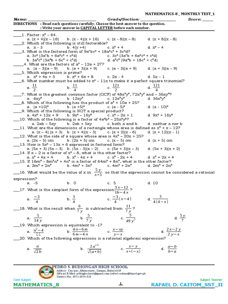Mathematics-8 - Monthly Test-1 | PDF | Rational Number | Algebra