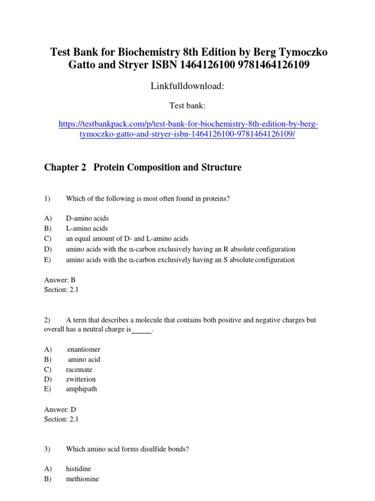 Biochemistry 8th Edition by Berg Tymoczko Gatto and Stryer ISBN Test ...