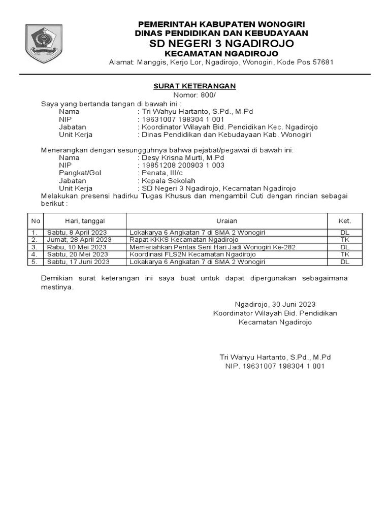 Surat Keterangan Tugas Khusus Dan Cuti DESY KRISNA MURTINI | PDF