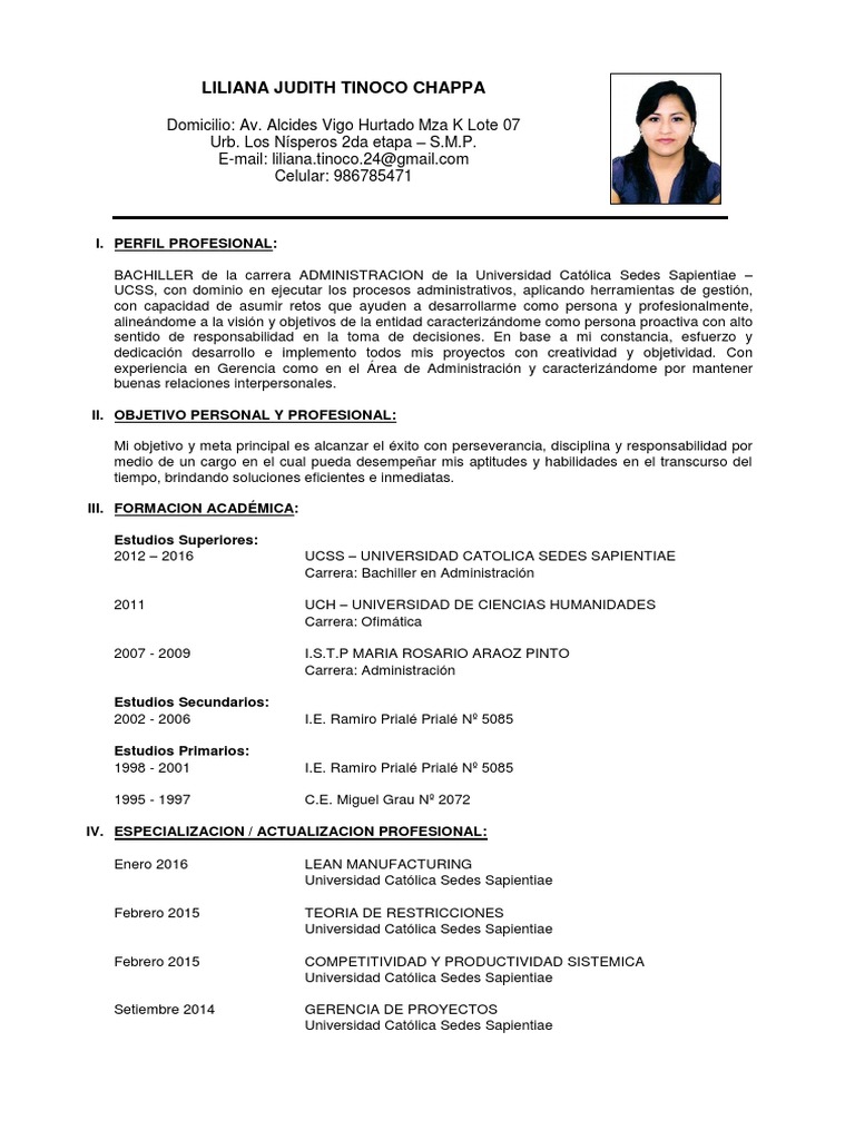 CV - Liliana Judith Tinoco Chappa | PDF | Business | Contabilidad