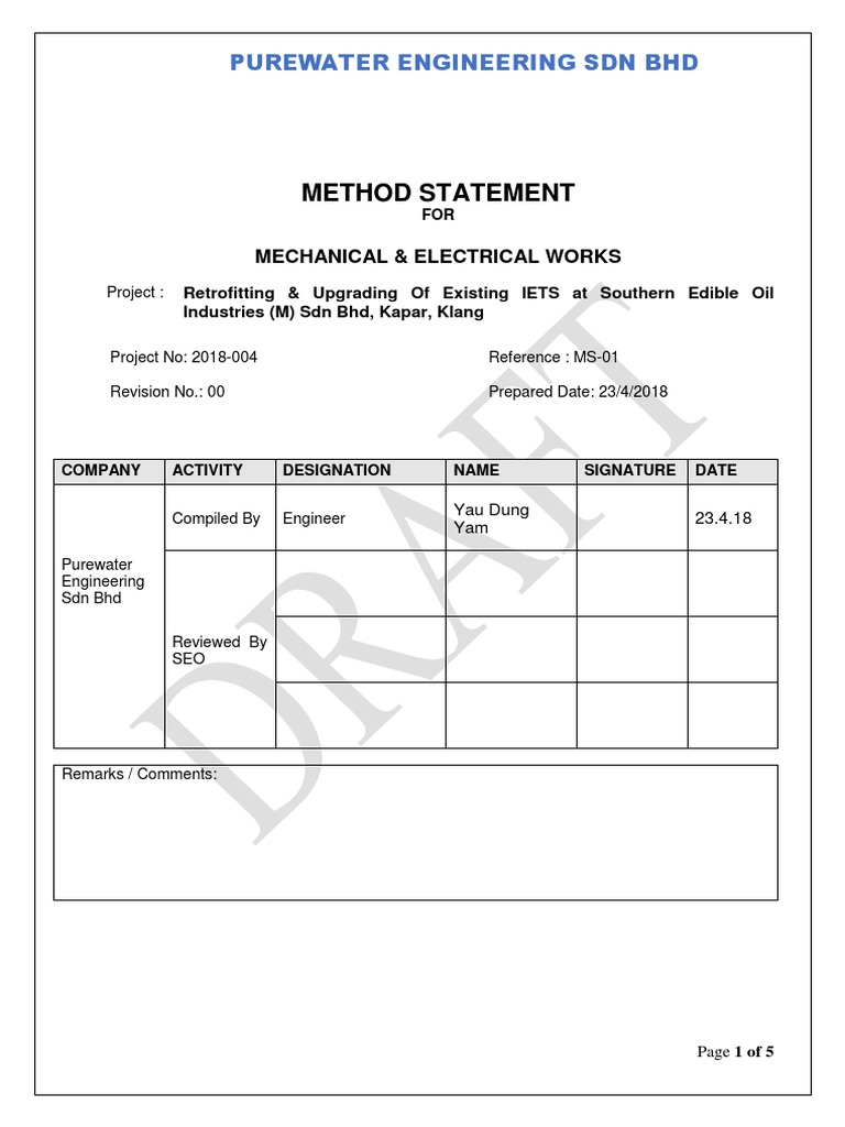 Method Statement - 23apr18 | PDF | Sewage Treatment | Housekeeping