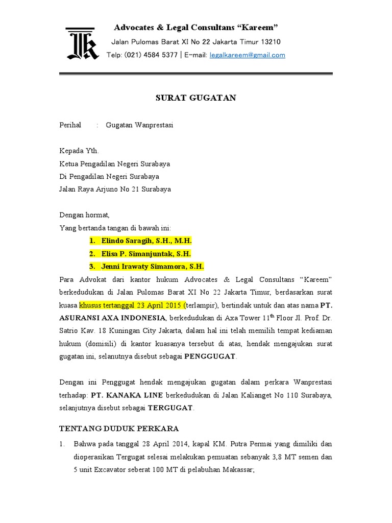 Surat Gugatan (Wanprestasi) | PDF