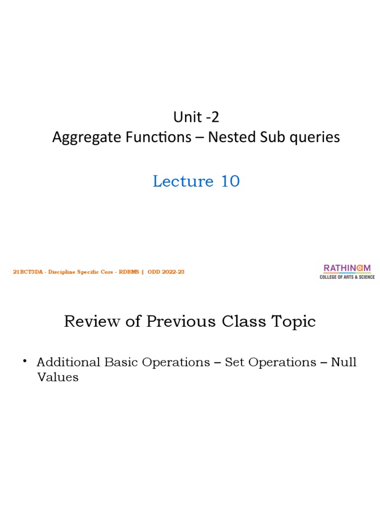 Unit 2 - Lecture 10 - RDBMS | PDF | Relational Database | Sql