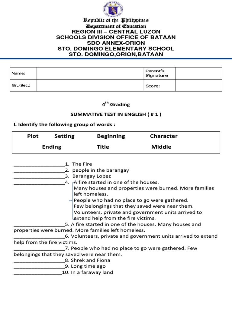 SUMMATIVE TEST Week 1 2 ENGLISH FILIPINO MATH APAN | PDF | Classical ...