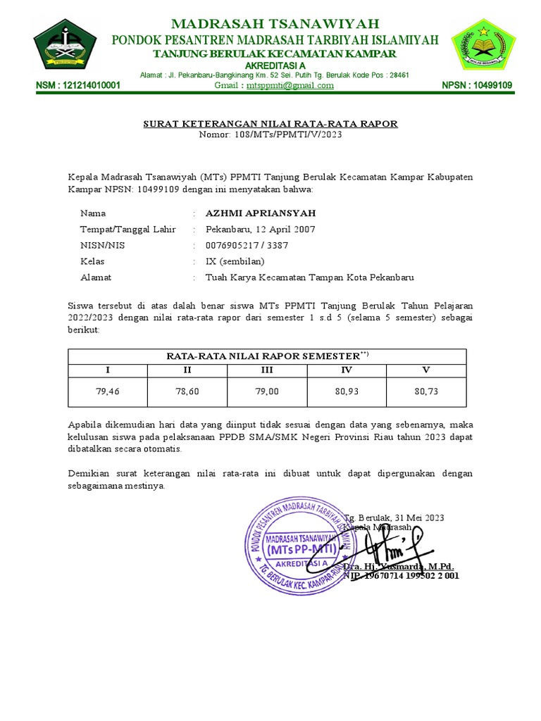 Surat Keterangan Rata Rata Rapor Mts 2023 | PDF