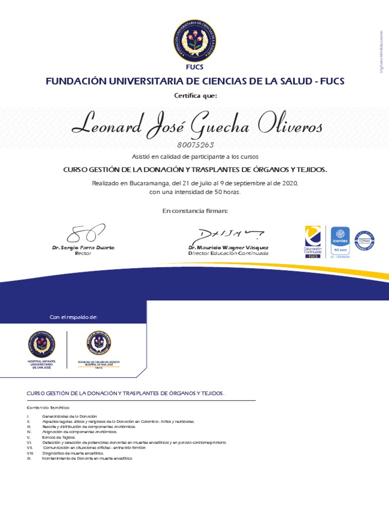 Certificado Donacion de Organos DR Guecha | PDF | Ciencia y matemáticas