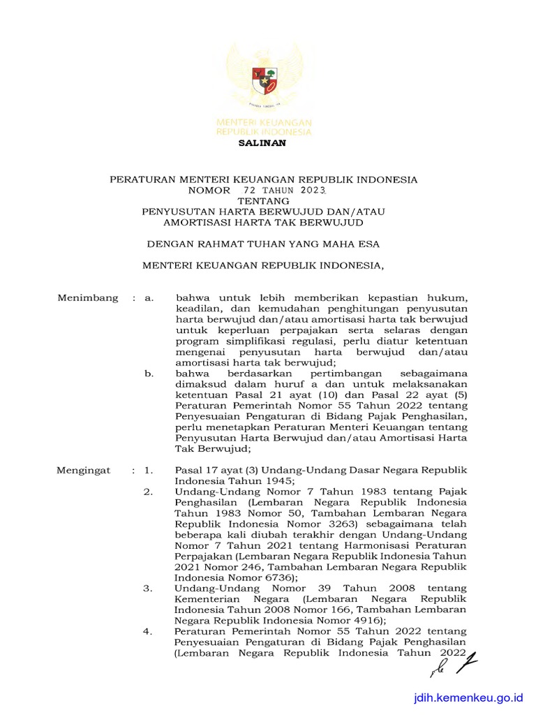 PMK 72 Tahun 2023 Penyusutan Harta Berwujud Dan Atau Amortisasi Harta ... PMK 72 Tahun 2023 Penyusutan Harta Berwujud Dan Atau Amortisasi Harta ...