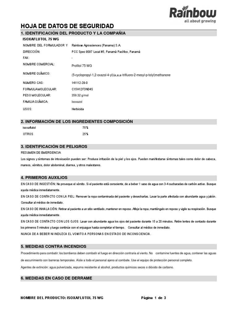 MSDS of Isoxaflutole 75 WG PROFITOL | PDF | Agua | Pesticida