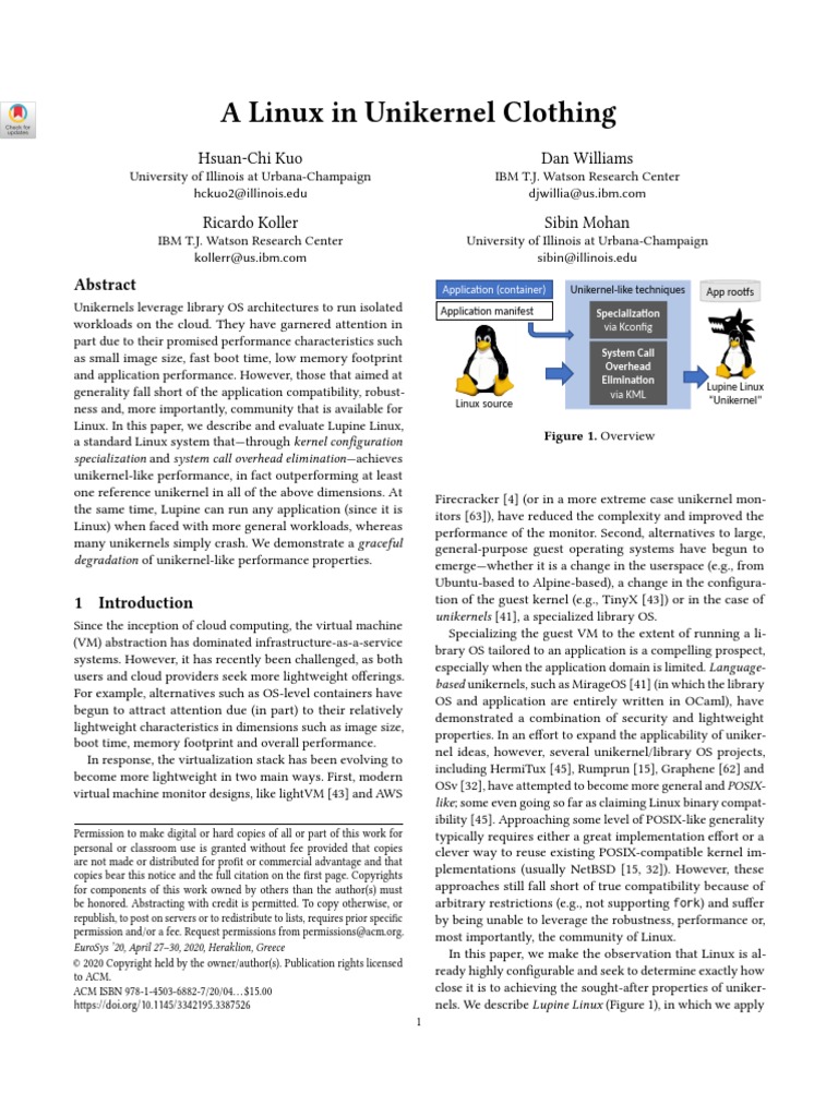 A Linux in Unikernel Clothing: Hsuan-Chi Kuo Dan Williams | PDF | Virtual Machine | Operating System