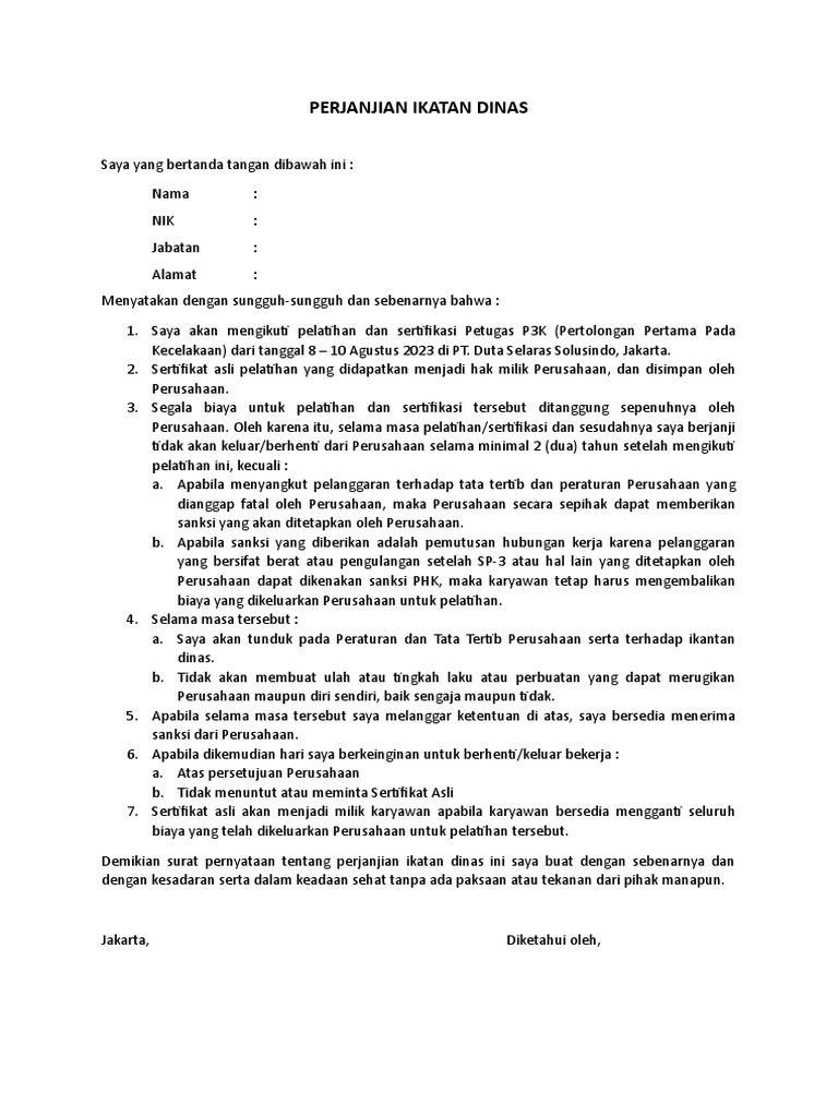 Perjanjian Ikatan Dinas Pdf