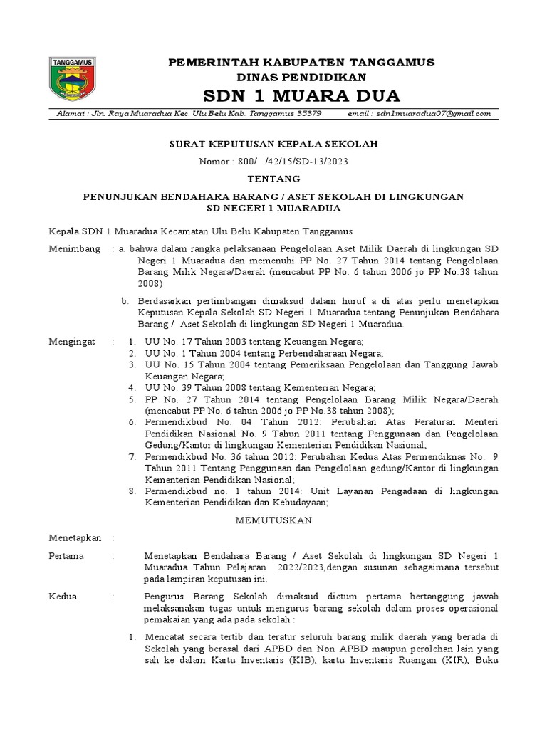 Contoh SK Pengelola Aset Sekolah Dasar | PDF