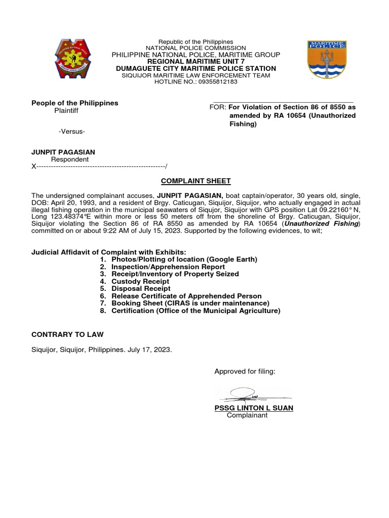 Complaint Against Junpit Pagasian - Sec. 86 of RA 10654 For Filing BFAR ...