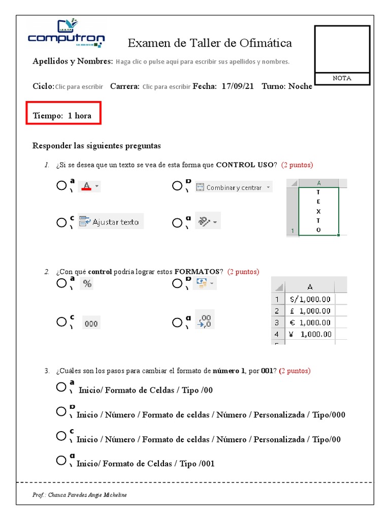 Examen de Taller de Ofimática Excel | PDF