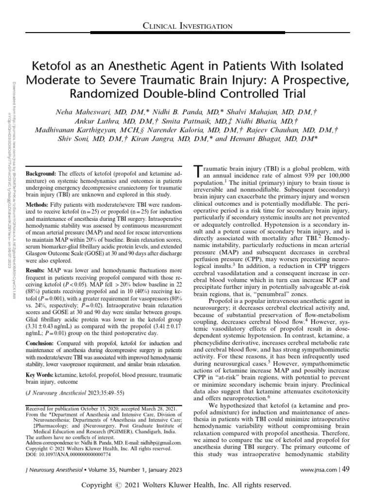 Ketofol As An Anesthetic Agent in Patients With.8 | PDF | Traumatic ...
