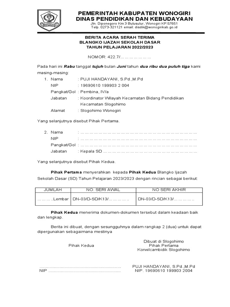 Berita Acara Blangko Ijazah 2023 | PDF