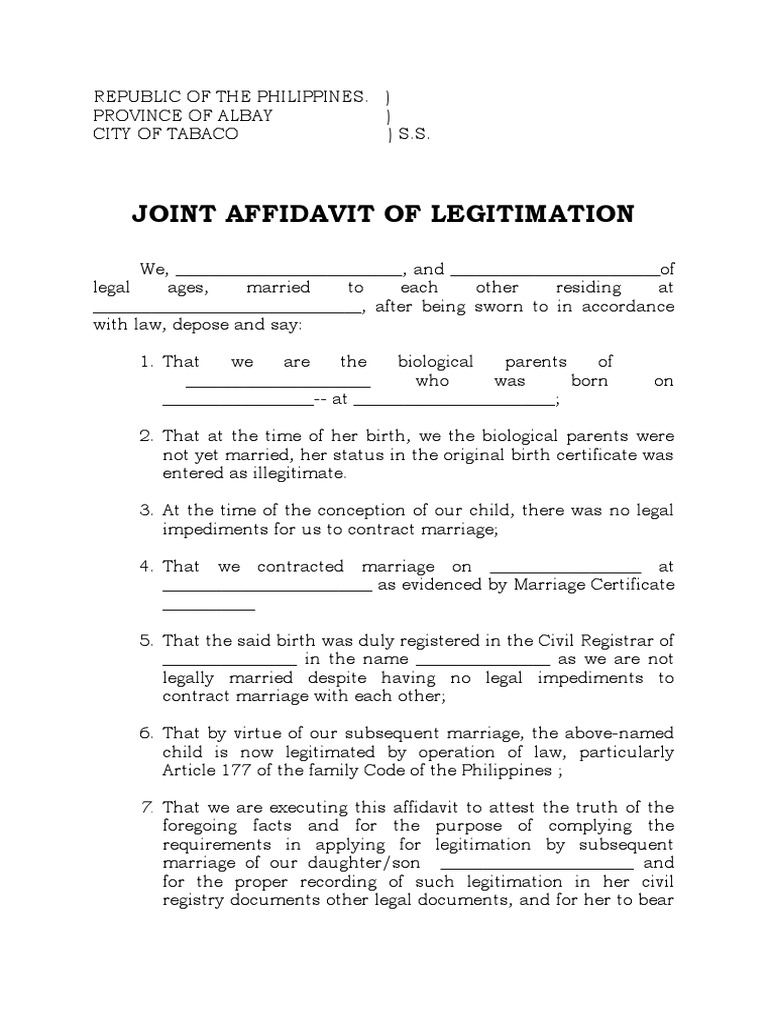 Joint Affidavit of Legitimation | PDF | Affidavit | Kinship And Descent