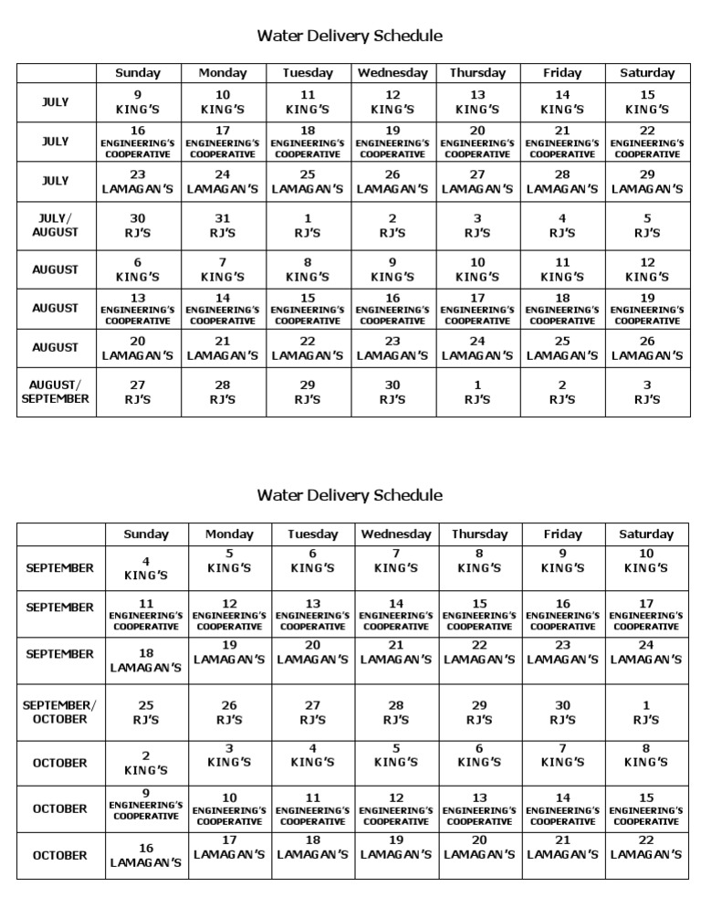 Water Delivery Calendar | PDF