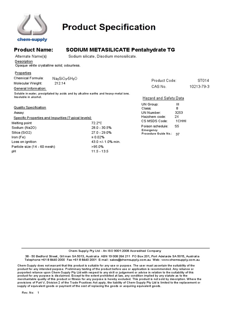 ST014 Sod - Metasilicate | PDF | Silicon Dioxide | Solubility