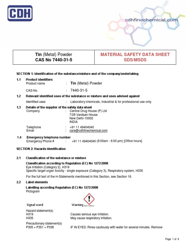 Tin Metal Powder Safety Data Sheet | PDF | Physical Sciences ...