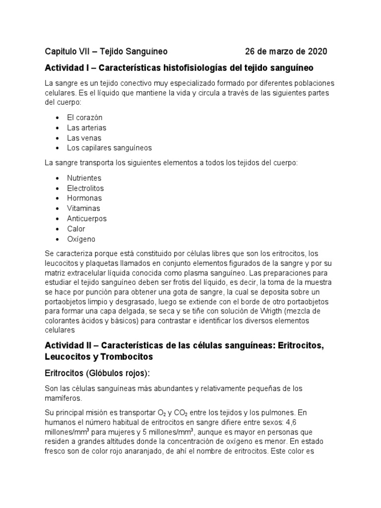 Capitulo VIII Tejido Sanguineo | PDF | Sangre | Hematopoyesis