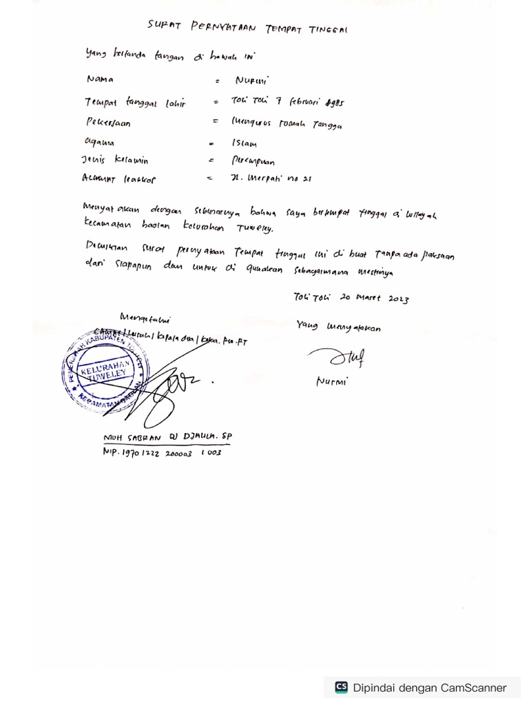 Surat Pernyataan Tempat Tinggal | PDF