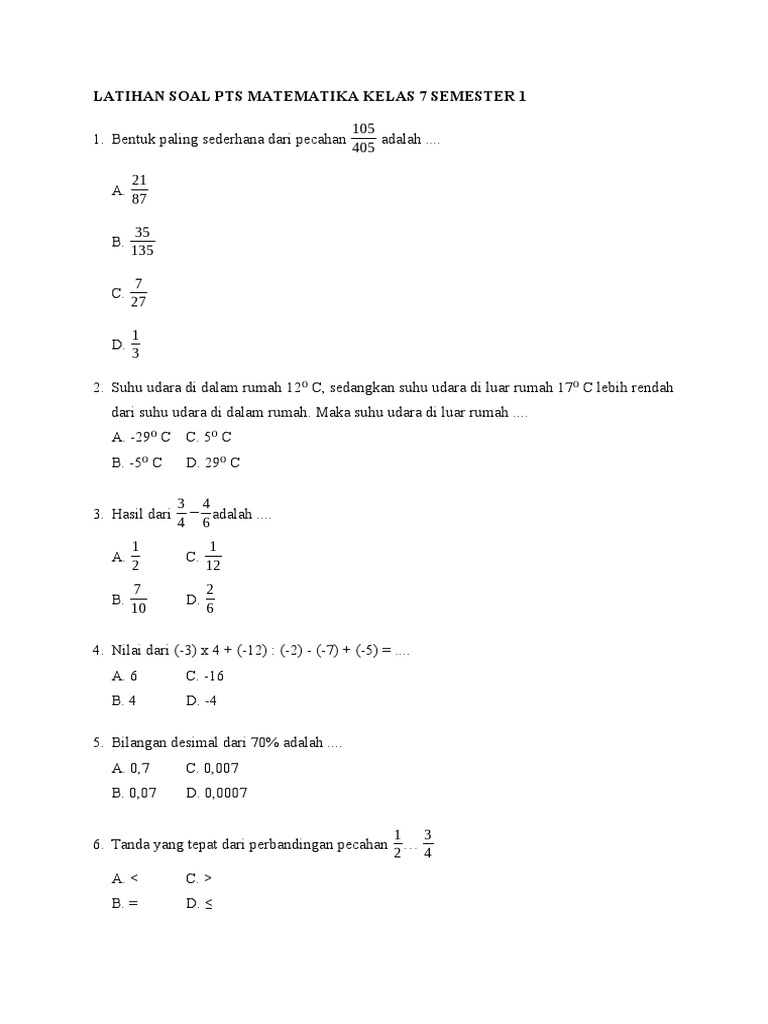 Latihan Soal PTS Matematika Kelas 7 Semester 1 | PDF