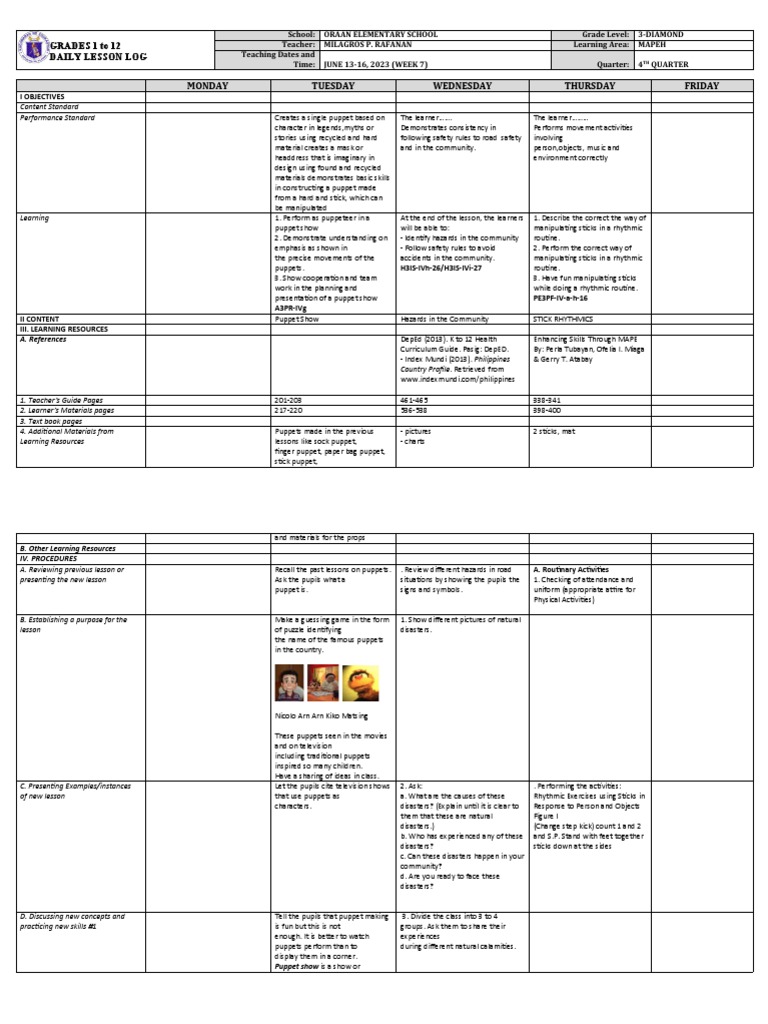 DLL - Mapeh 3 - Q4 - W7 | PDF | Learning | Puppets