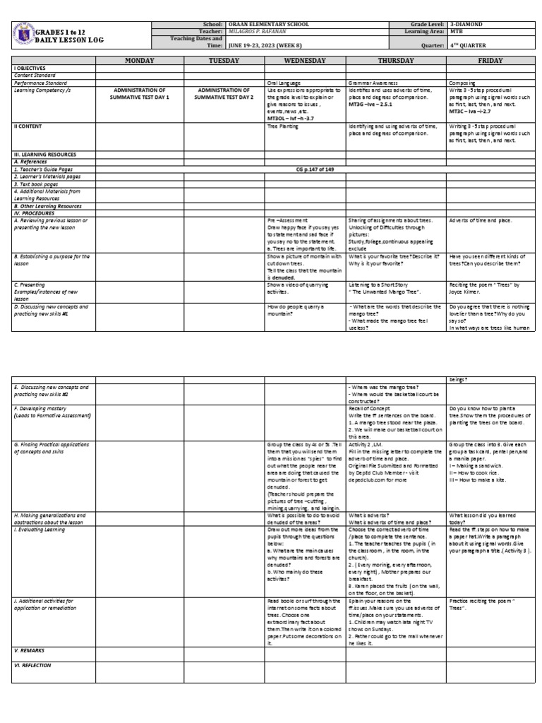 DLL - MTB 3 - Q4 - W8 | PDF | Teachers | Learning