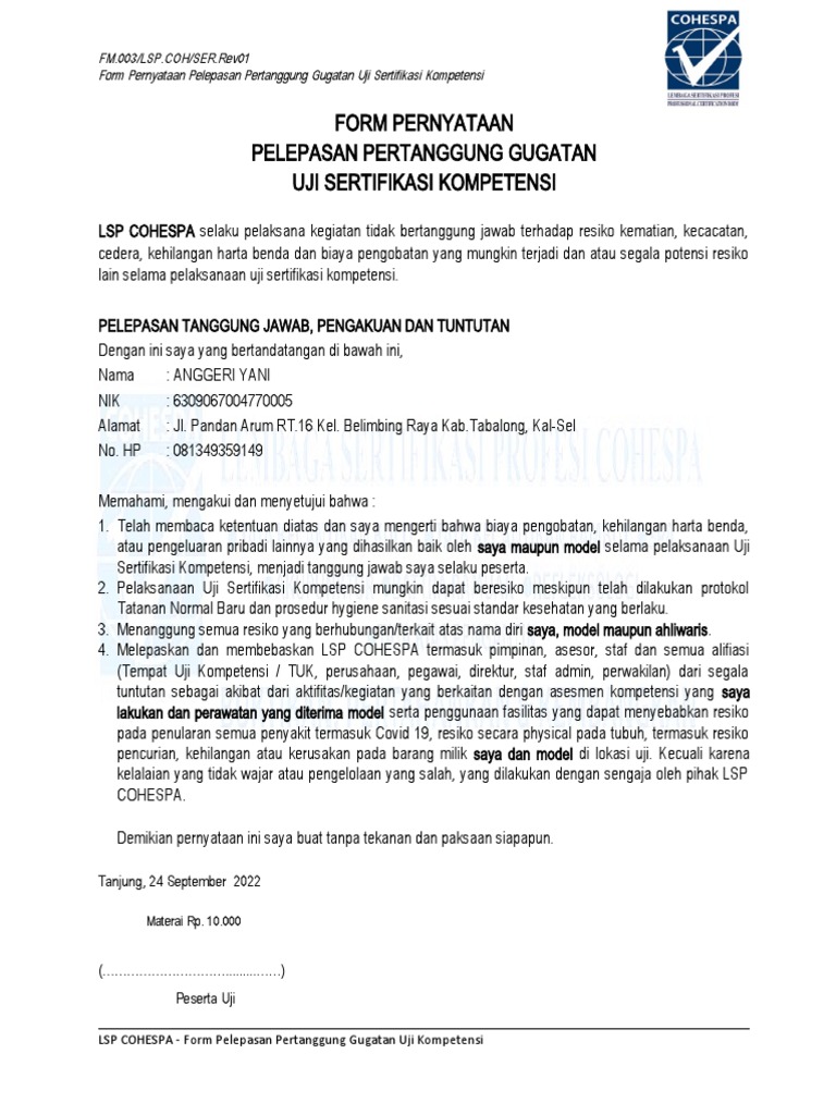 Form Pernyataan Pelepasan Pertanggung Gugatan (COH) Rev'20 | PDF