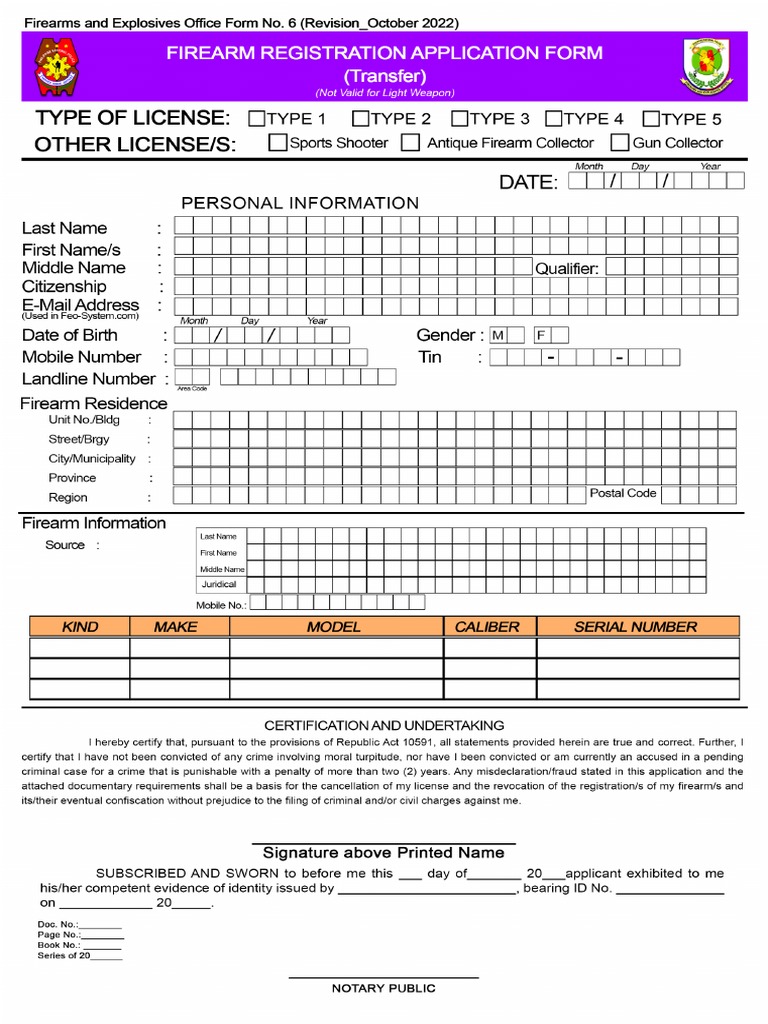 FEO FORM No 6 Firearm Registration Application Transfer | PDF