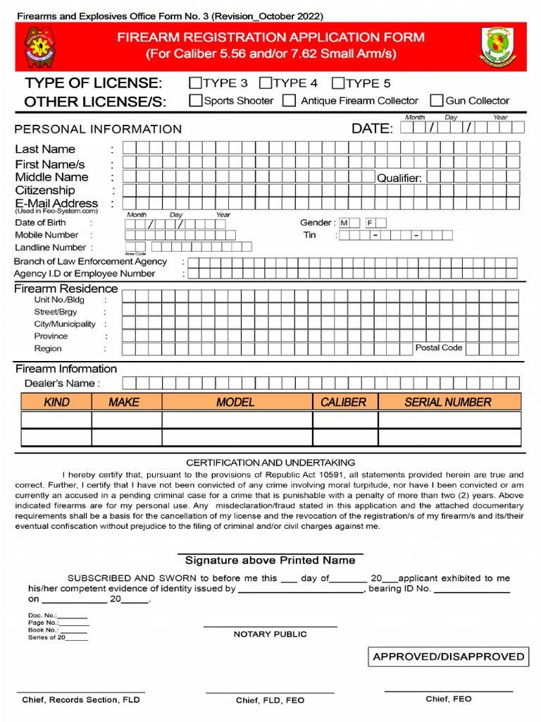 FEO-ForM-No 3 Firearm Registration Application For Cal 5 56 and | PDF