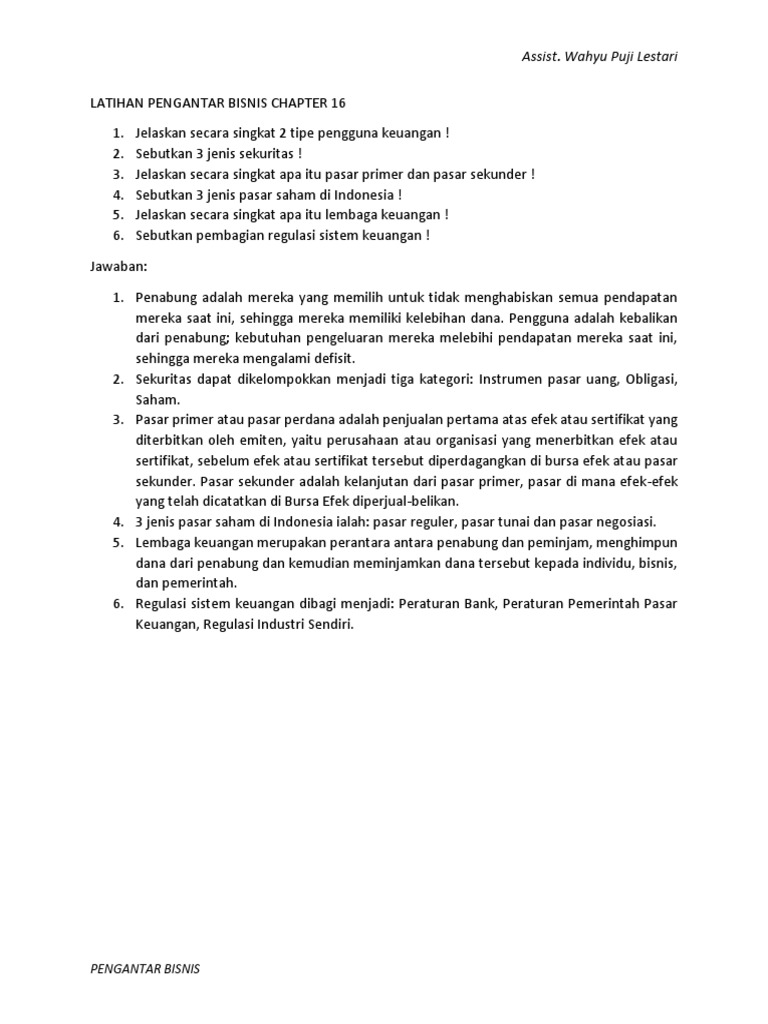 Latihan Pengantar Bisnis Chapter 16 | PDF | Pengelolaan Keuangan & Uang