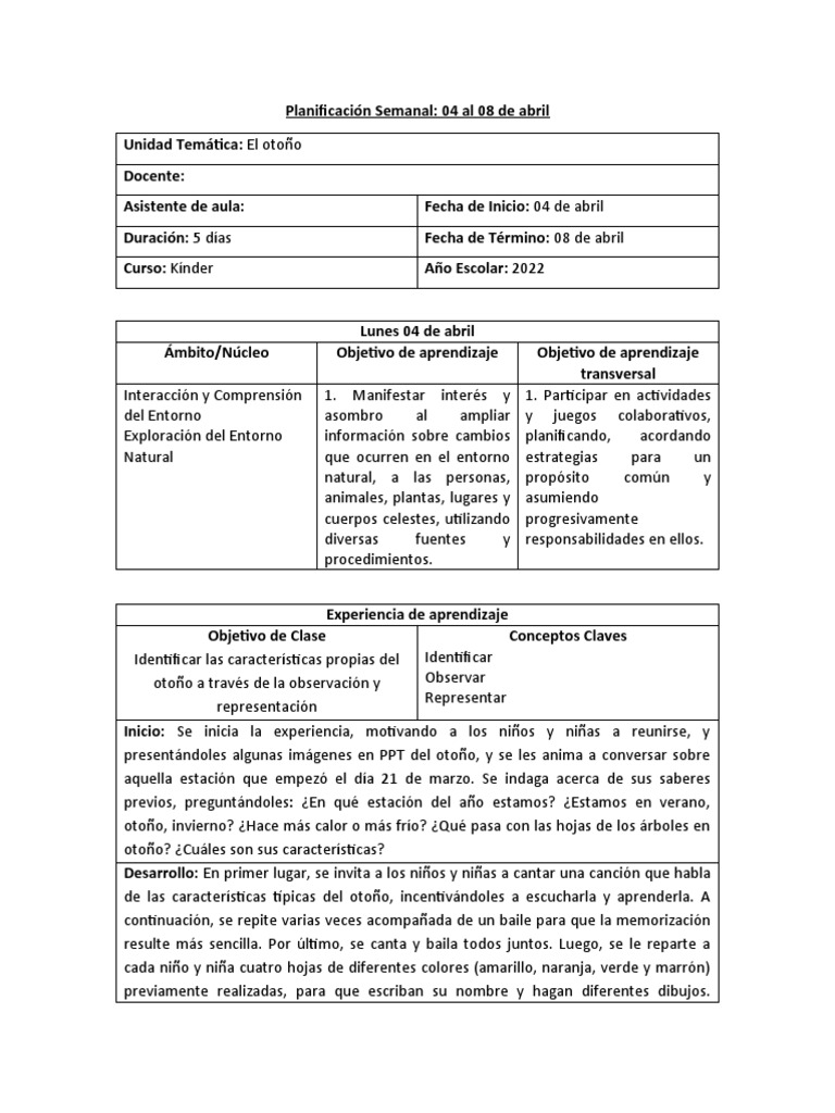 Planificación El Otoño | PDF | Aprendizaje | Experiencia